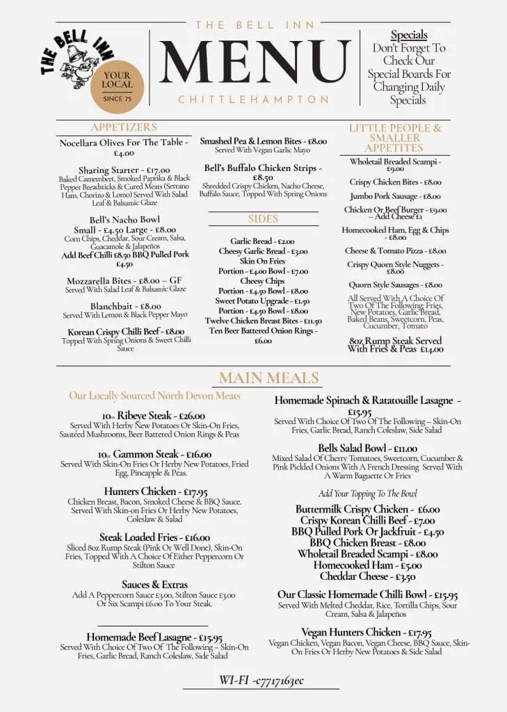 Main Menu - The Bell Inn Chittlehampton